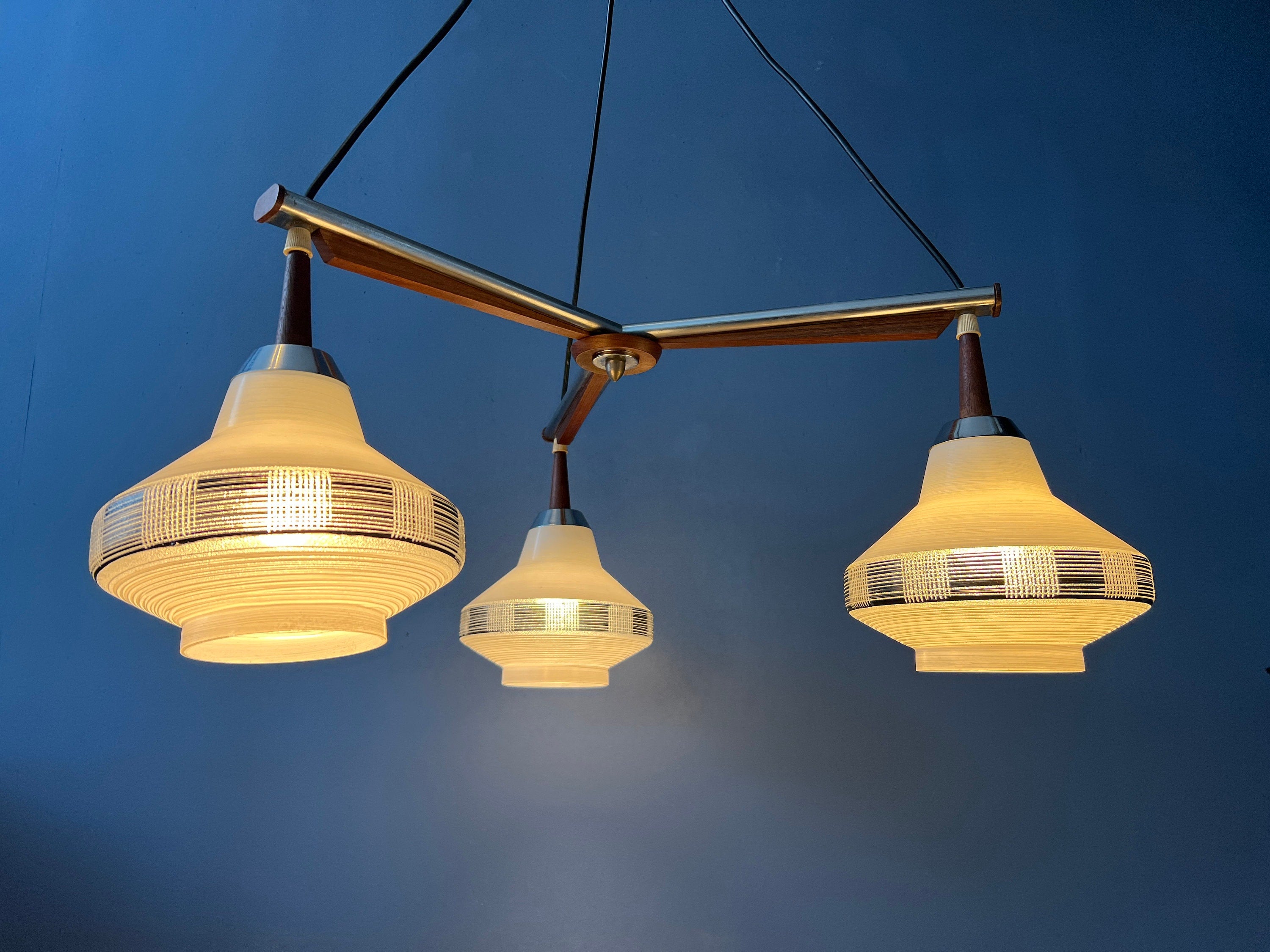 Danish Cascade Pendant Lamp with Three Opaline Glass Shades and Teak W ...